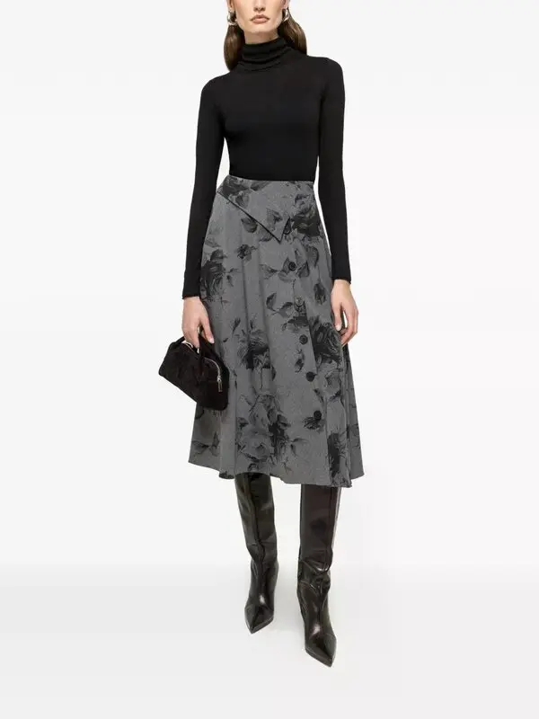 NISSA Floral Print Buttoned Midi Skirt