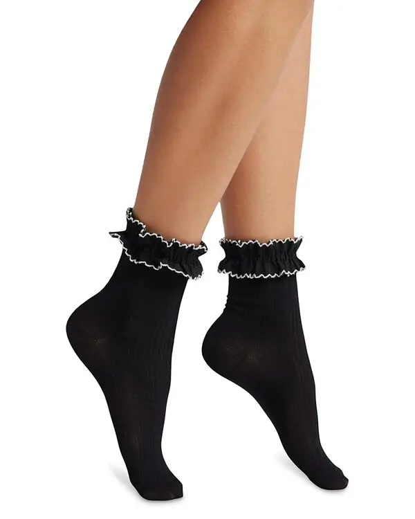 HIGH HEEL JUNGLE Sheer Frilly Ankle Socks - Nero