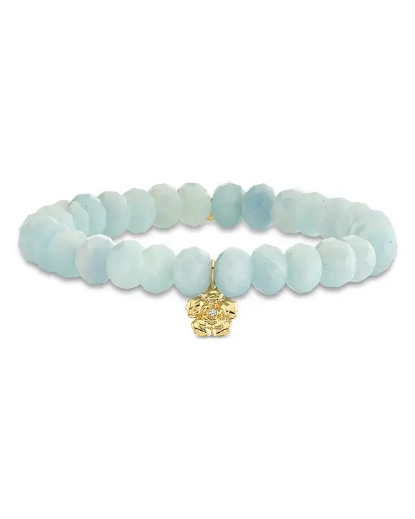SYDNEY EVAN 14k Yellow Gold Diamond & Aquamarine Begonia Charm Beaded Bracelet - Blue