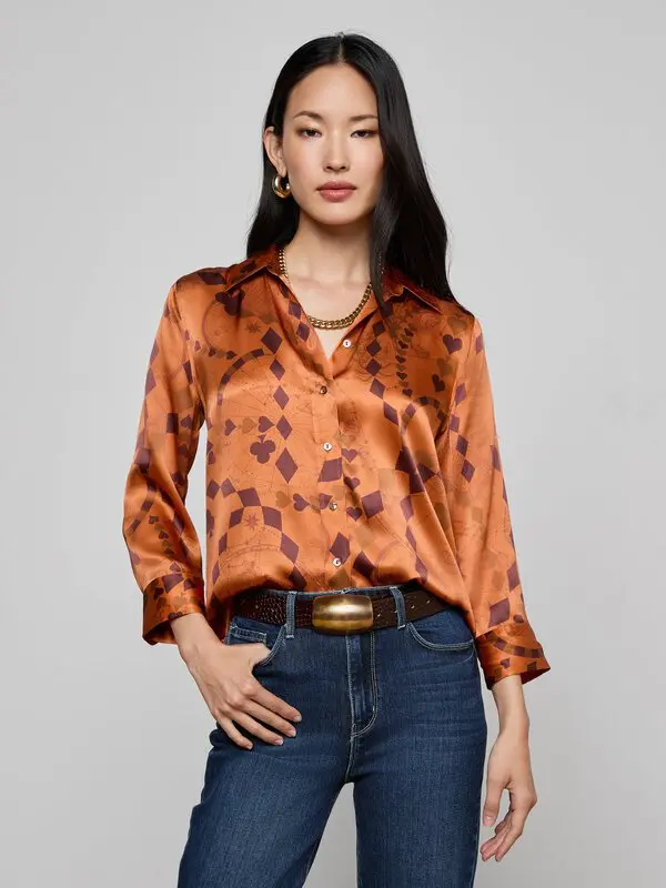 L'Agence Dani Printed Silk Blouse - Amber Brown Playing Card Geo