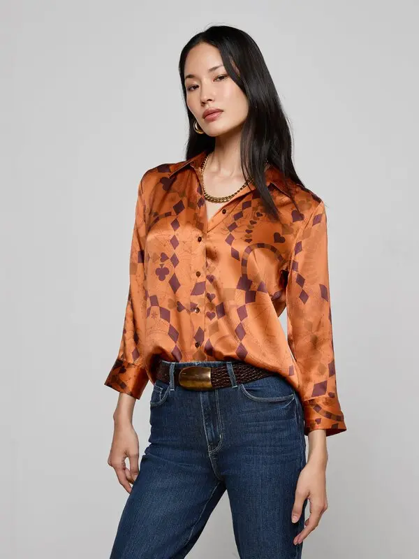 L'Agence Dani Printed Silk Blouse - Amber Brown Playing Card Geo