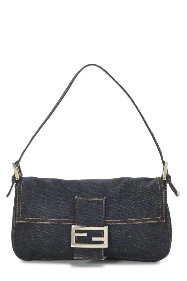 Fendi Denim Baguette Bag With Floral Embroidery - Blue