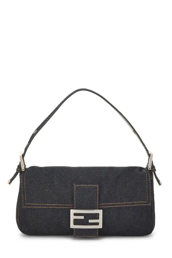 Fendi Denim Baguette Bag With Floral Embroidery - Navy