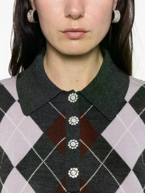 SELF-PORTRAIT Argyle Button Polo Top - Grey