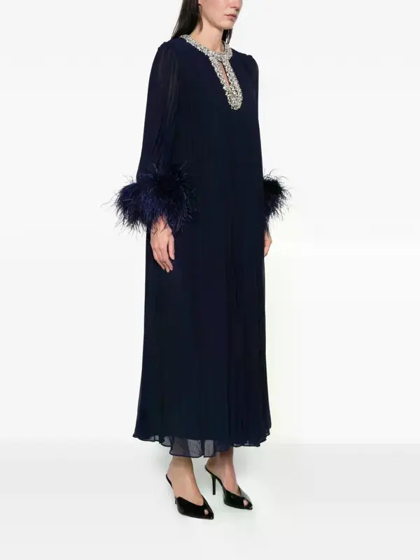 SELF-PORTRAIT Feather-cuff Pleated Maxi Dress - Blue