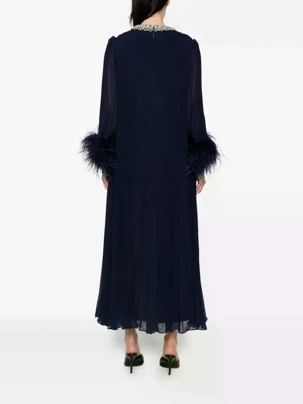 SELF-PORTRAIT Feather-cuff Pleated Maxi Dress - Blue
