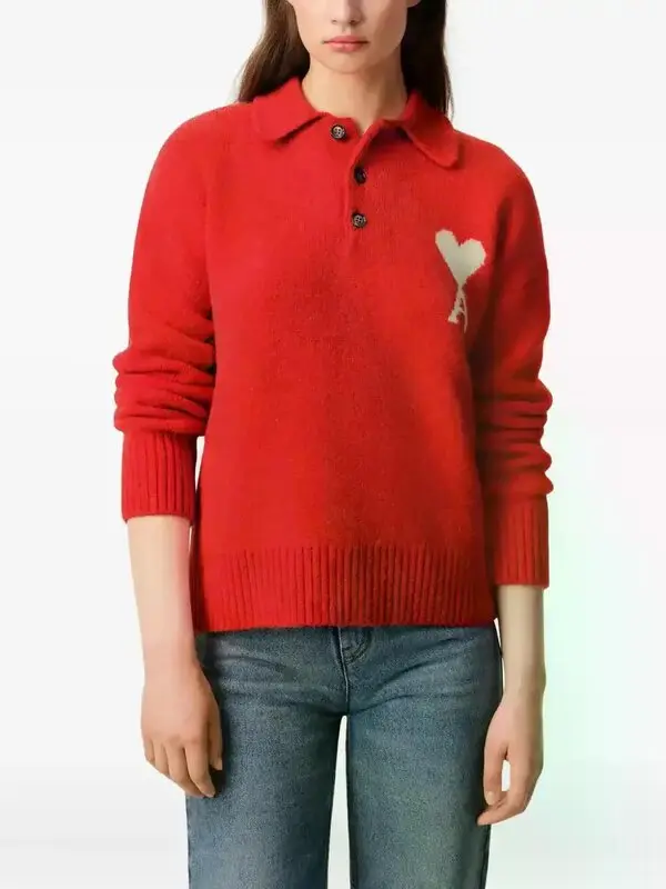 AMI Paris Intarsia Polo Sweater - Red
