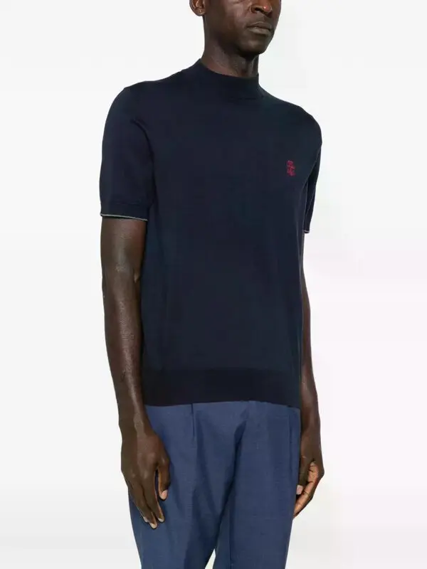Brunello Cucinelli Embroidered-logo Knitted T-shirt - Blue