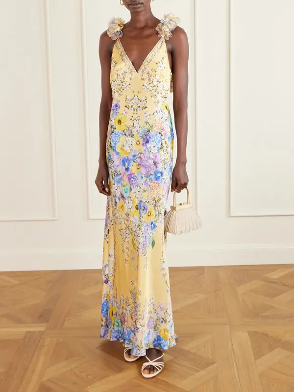 Camilla Appliquéd Embellished Floral-print Silk-satin Maxi Dress - Multi