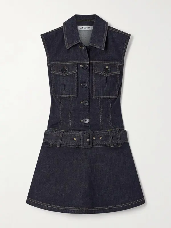 SELF-PORTRAIT Belted Denim Mini Dress