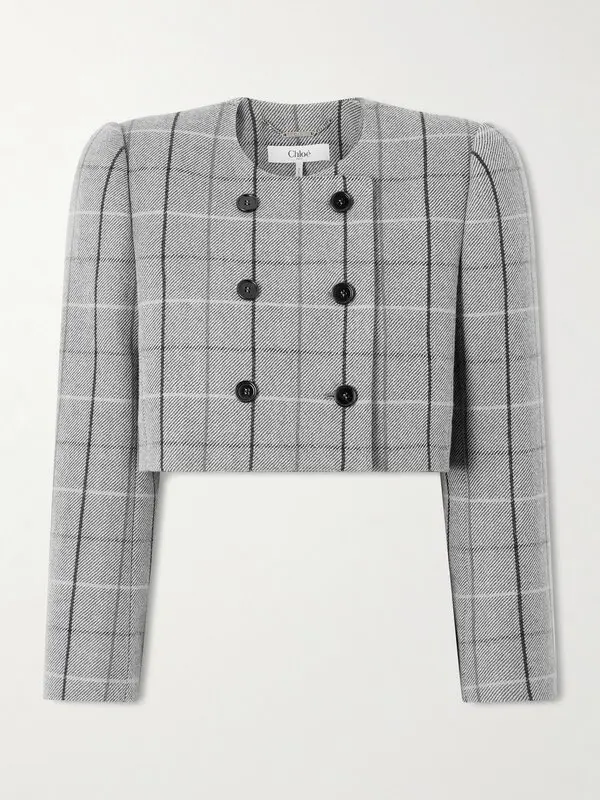 Chloé Cropped Double-breasted Checked Wool Jacket - Gray