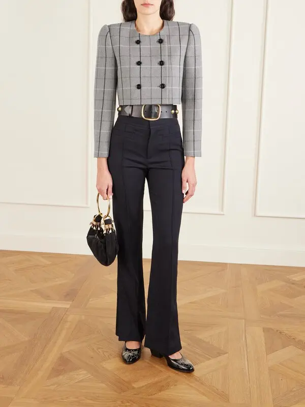 Chloé Cropped Double-breasted Checked Wool Jacket - Gray