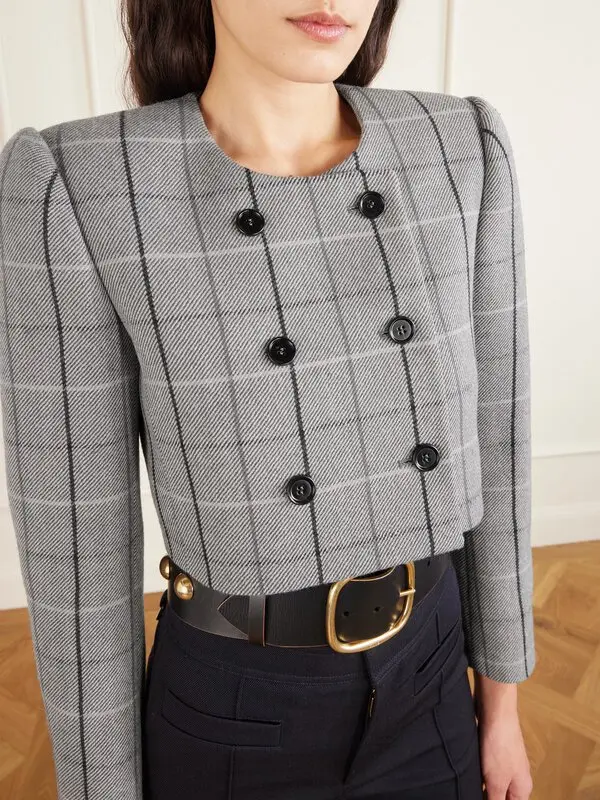 Chloé Cropped Double-breasted Checked Wool Jacket - Gray
