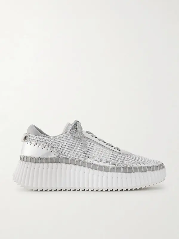 Chloé Nama Metallic Leather-trimmed Mesh Sneakers - Silver