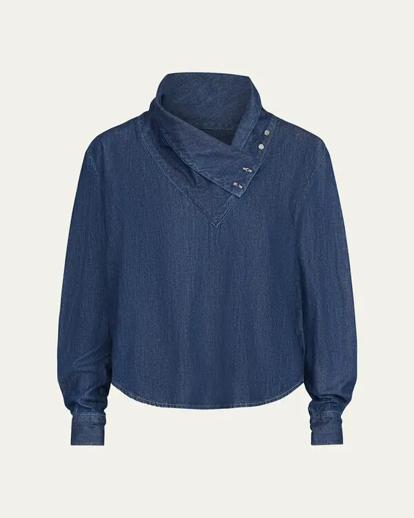 TWP Cotton Denim Shirt With Draped Asymmetric Collar