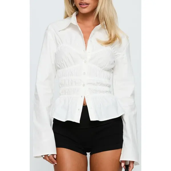 Princess Polly Lisel Shirred Button-up Shirt - White