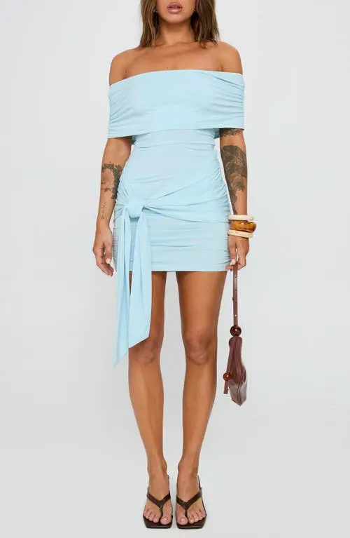 Princess Polly Off-the-shoulder Tie Waist Mini Dress - Light Blue