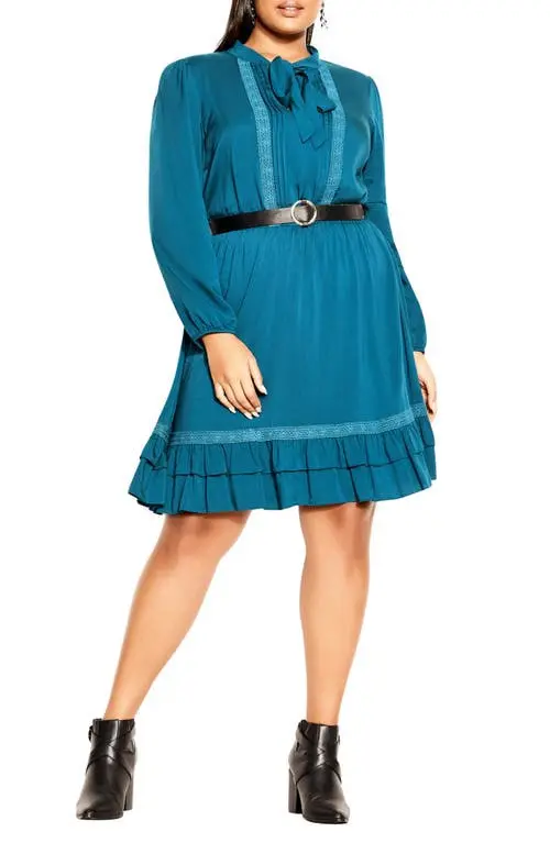 City Chic Precious Tie Neck Belted Long Sleeve Dress