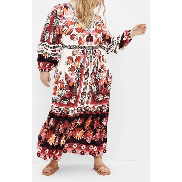 City Chic Malia Mixed Print Long Sleeve Maxi Dress - Ivory