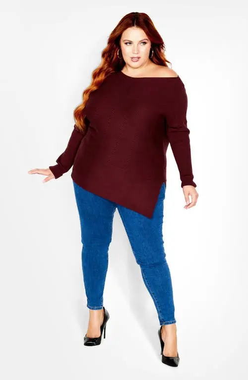 City Chic Lean In One-shoulder Rib Sweater - Red