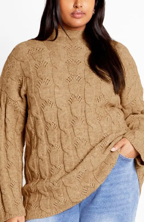 City Chic Iris Mock Neck Cable Knit Tunic Sweater - Sand