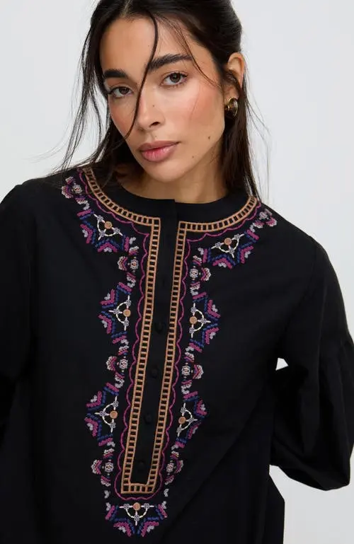 RAFFYA Anai Embroidered Blouse - Black