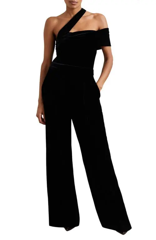 REISS Daria One-shoulder Wide-leg Velvet Jumpsuit - Black