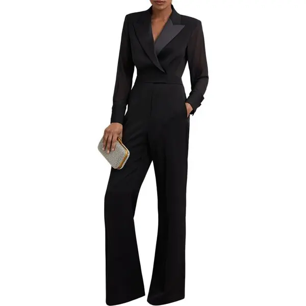 REISS Perla Long Sleeve Tuxedo Jumpsuit - Black