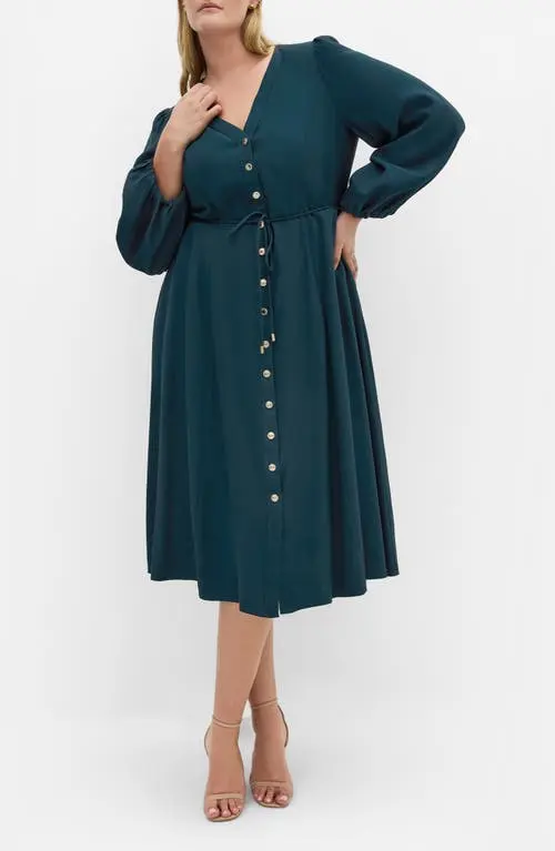 City Chic Kristina Tie Waist Long Sleeve Midi Dress - Deep Emrald