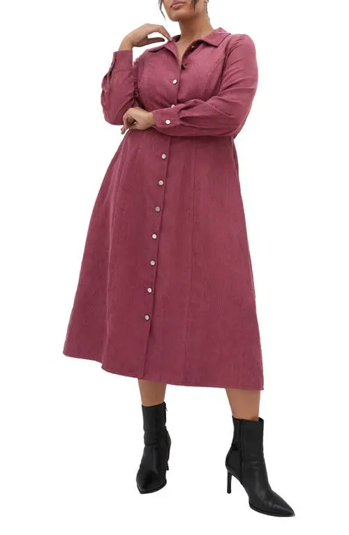 City Chic Leah Long Sleeve Corduroy Midi Dress - Beet Red