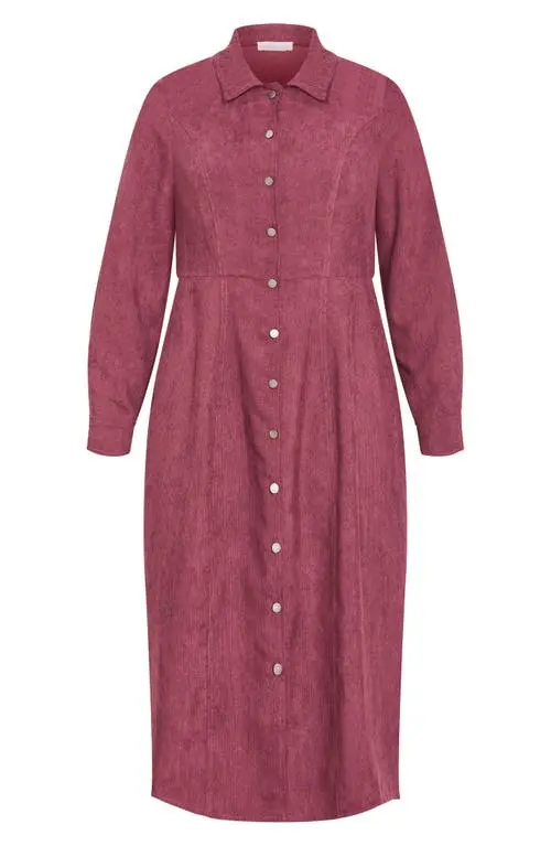 City Chic Leah Long Sleeve Corduroy Midi Dress - Beet Red
