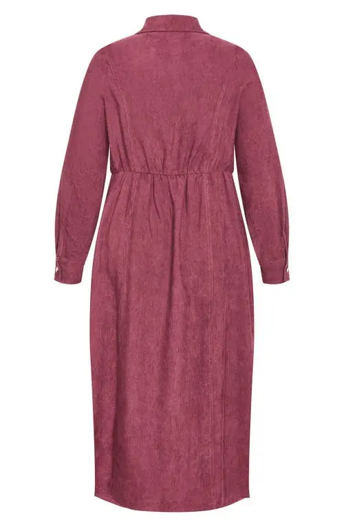 City Chic Leah Long Sleeve Corduroy Midi Dress - Beet Red