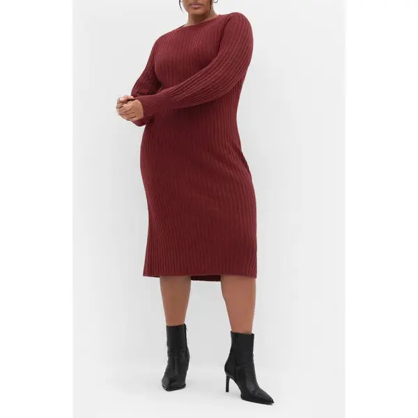 City Chic Sarah Long Sleeve Rib Sweater Midi Dress