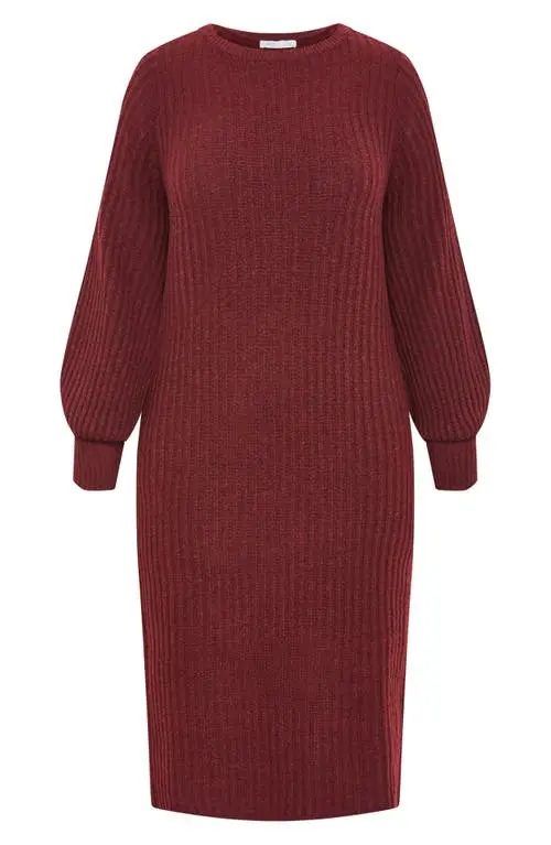 City Chic Sarah Long Sleeve Rib Sweater Midi Dress
