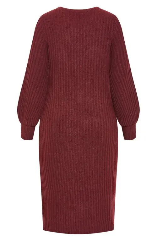 City Chic Sarah Long Sleeve Rib Sweater Midi Dress