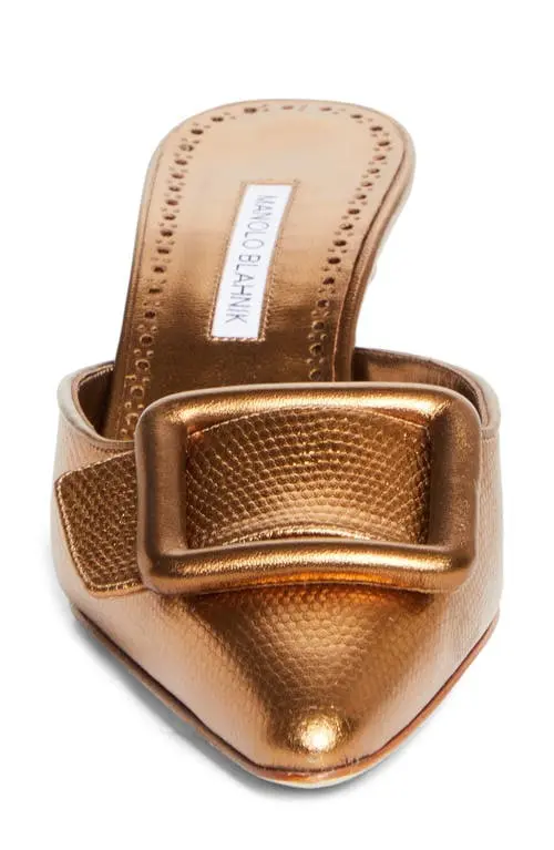 Manolo Blahnik Maysale Buckle Lizard-embossed Metallic Kitten Heel Mules - Bronze