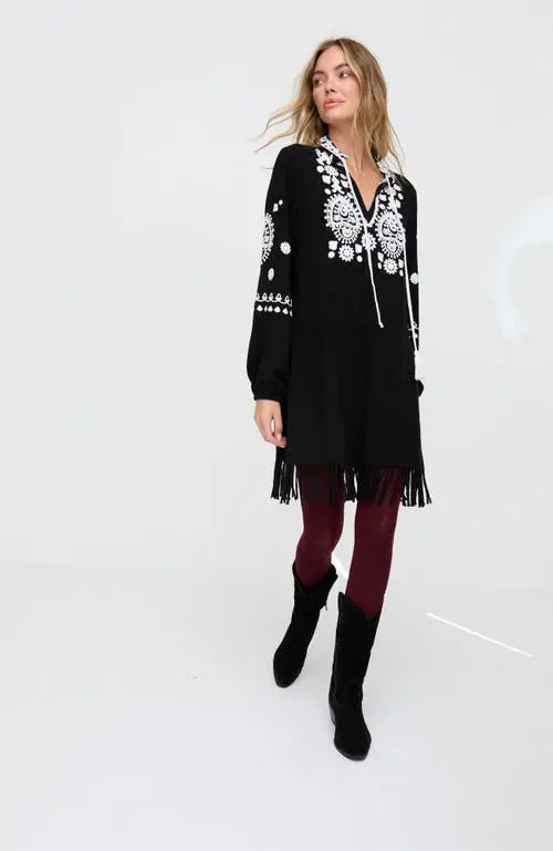 RAFFYA Katie Fringe Embroidered Mini Dress