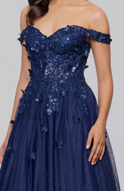 BLONDIE NITES Off-the-shoulder Sequin And 3d Embellished Tulle Gown