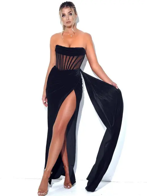 MISS CIRCLE NEW YORK Priya Draping Corset High Slit Velvet Gown - Black