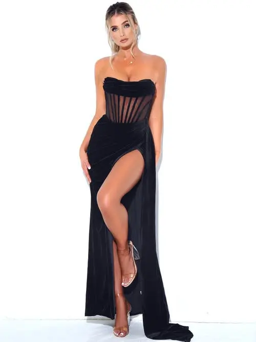 MISS CIRCLE NEW YORK Priya Draping Corset High Slit Velvet Gown - Black