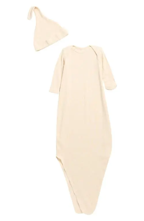 QUINCY MAE Rib Knotted Organic Cotton Blend Gown & Hat Set - Oatmeal