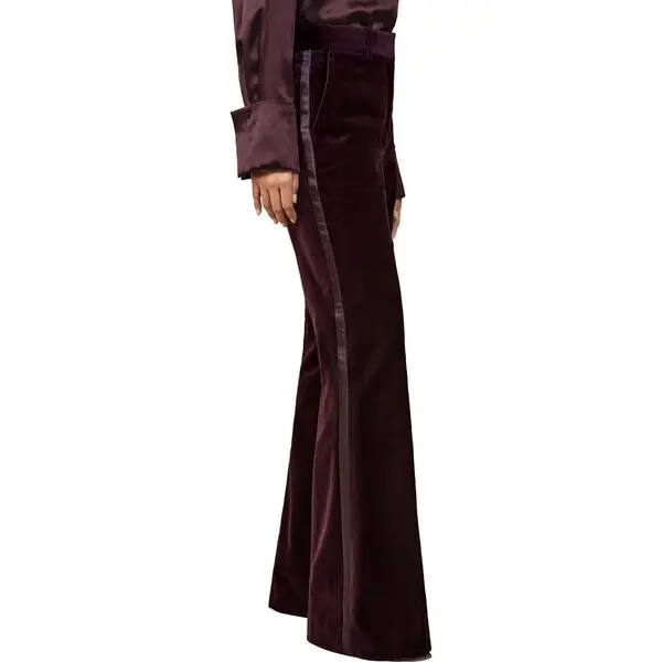 REISS Elia Satin Stripe Velvet Flare Pants - Burgundy