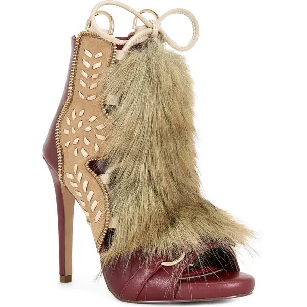 AZALEA WANG Shainy Faux Fur Open Toe Bootie - Burgundy Multi
