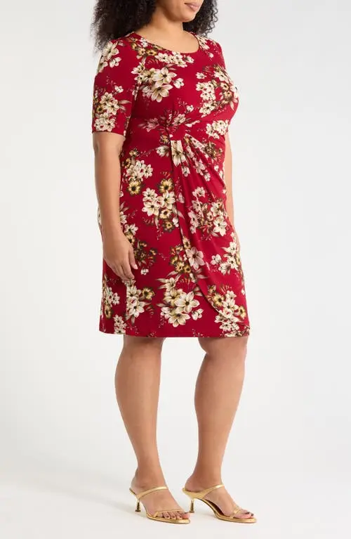 CONNECTED APPAREL Floral Side Ruched Faux Wrap Dress - Crimson