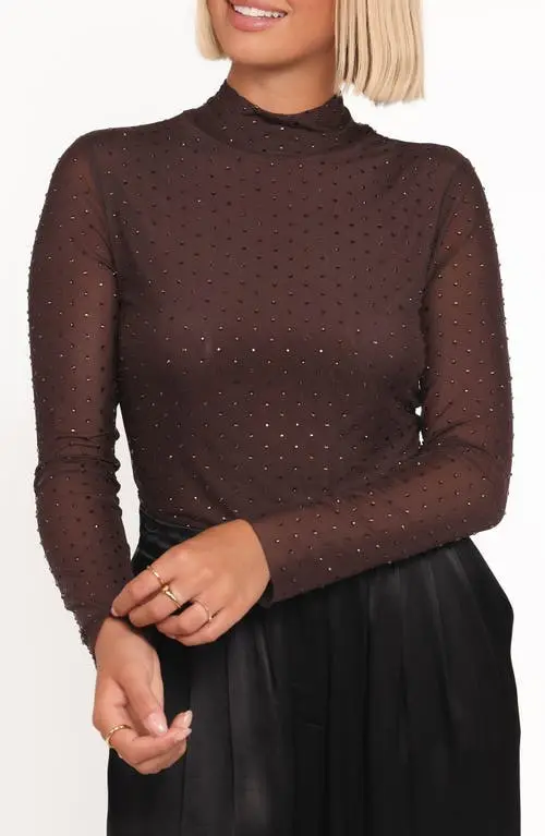 PETAL & PUP Alejandra Embellished Mesh Top - Dark Chocolate
