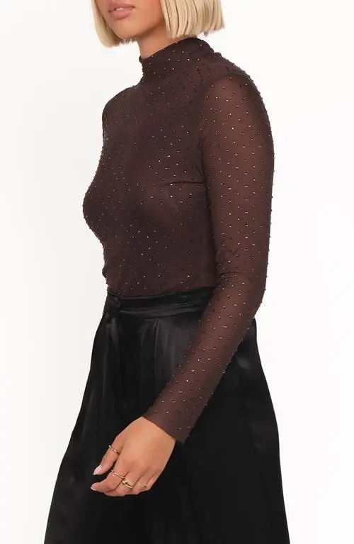 PETAL & PUP Alejandra Embellished Mesh Top - Dark Chocolate