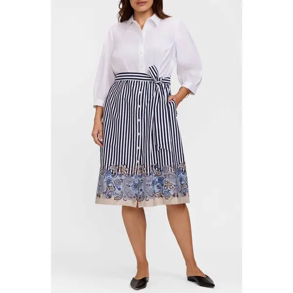 Foxcroft Esther Belted Stripe & Paisley Print Shirtdress - White Multi