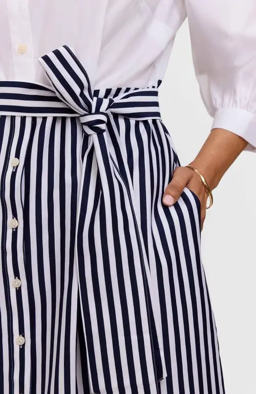 Foxcroft Esther Belted Stripe & Paisley Print Shirtdress - White Multi