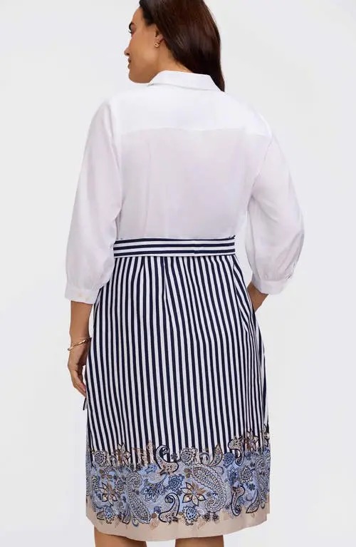 Foxcroft Esther Belted Stripe & Paisley Print Shirtdress - White Multi