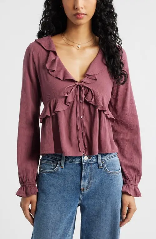 Bp. Ruffle Tie-neck Button-up Shirt - Burgundy Shade